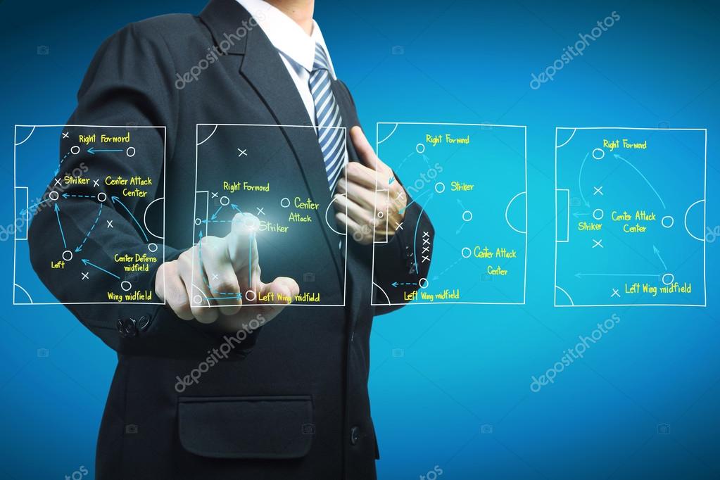 Plan of soccer manager pointing to strategy tactical board — Stock ...