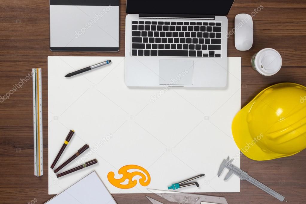 Office desk background with construction project ideas concept, Stock ...