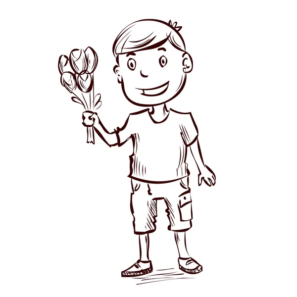 Egy kisfiú tulipán, kezében egy csokor. rajz — Stock Vector #7688534