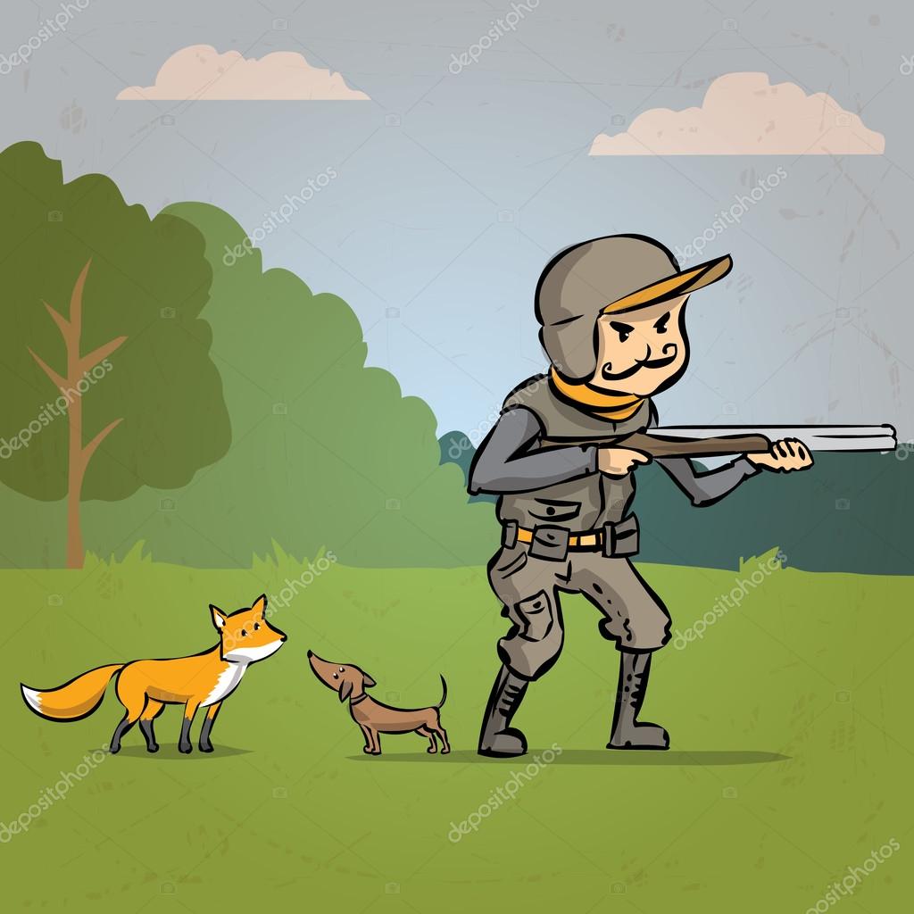 Hunter with a dog and a gun hunts fox — Stock Vector © dergriza #107835914