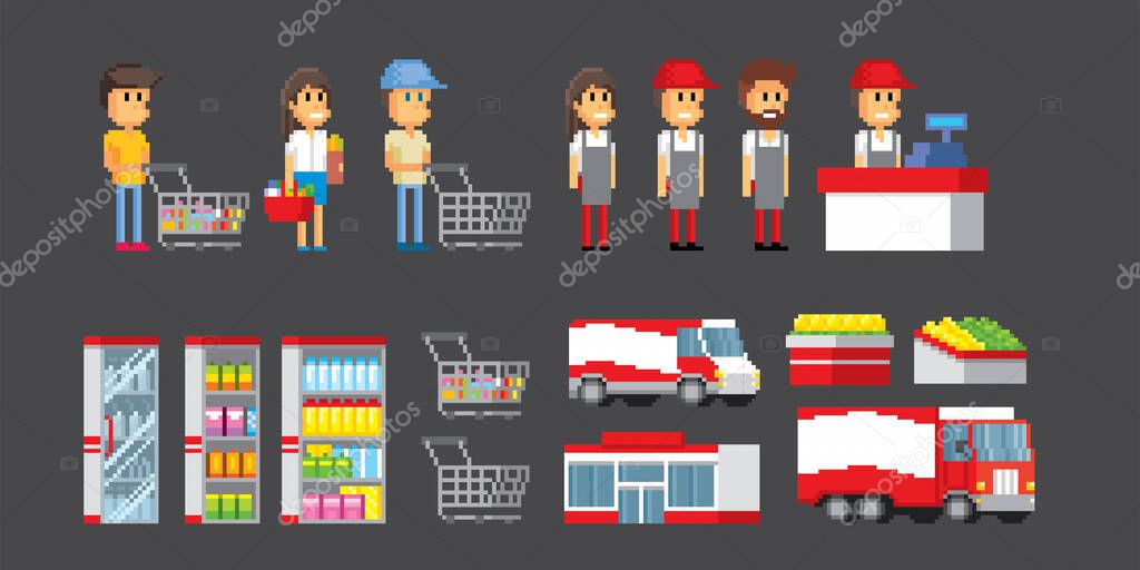 Hypermarket colección, vendedor, comerciante, caja, escaparate ...