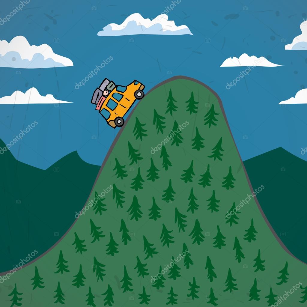 Hand drawn family car with luggage very difficult calls in the mountain ...