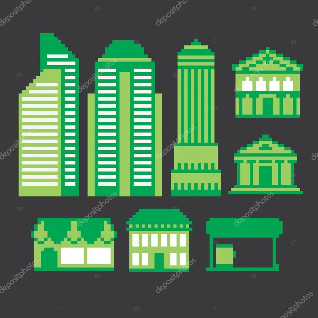 Pixel buildings icon set. Old school computer graphic style. — Stock ...