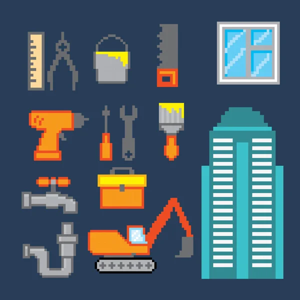 Construction icons set. Pixel art. Old school computer graphic style. ⬇ ...
