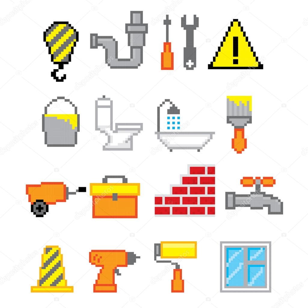 Construction icons set. Pixel art. Old school computer graphic style. ⬇ ...