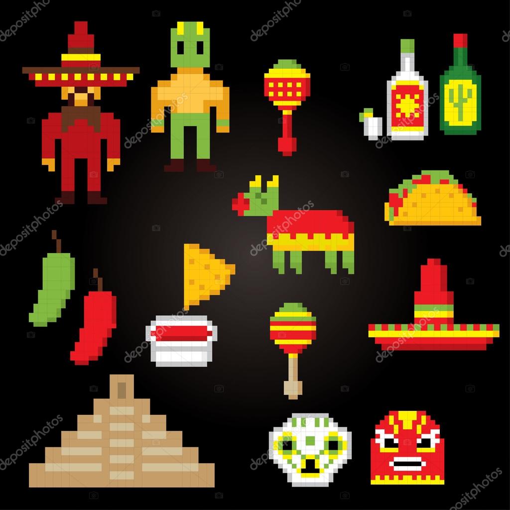 Mexico Elements Pixel Art Icons, Man And Woman In Traditional Clothes ...
