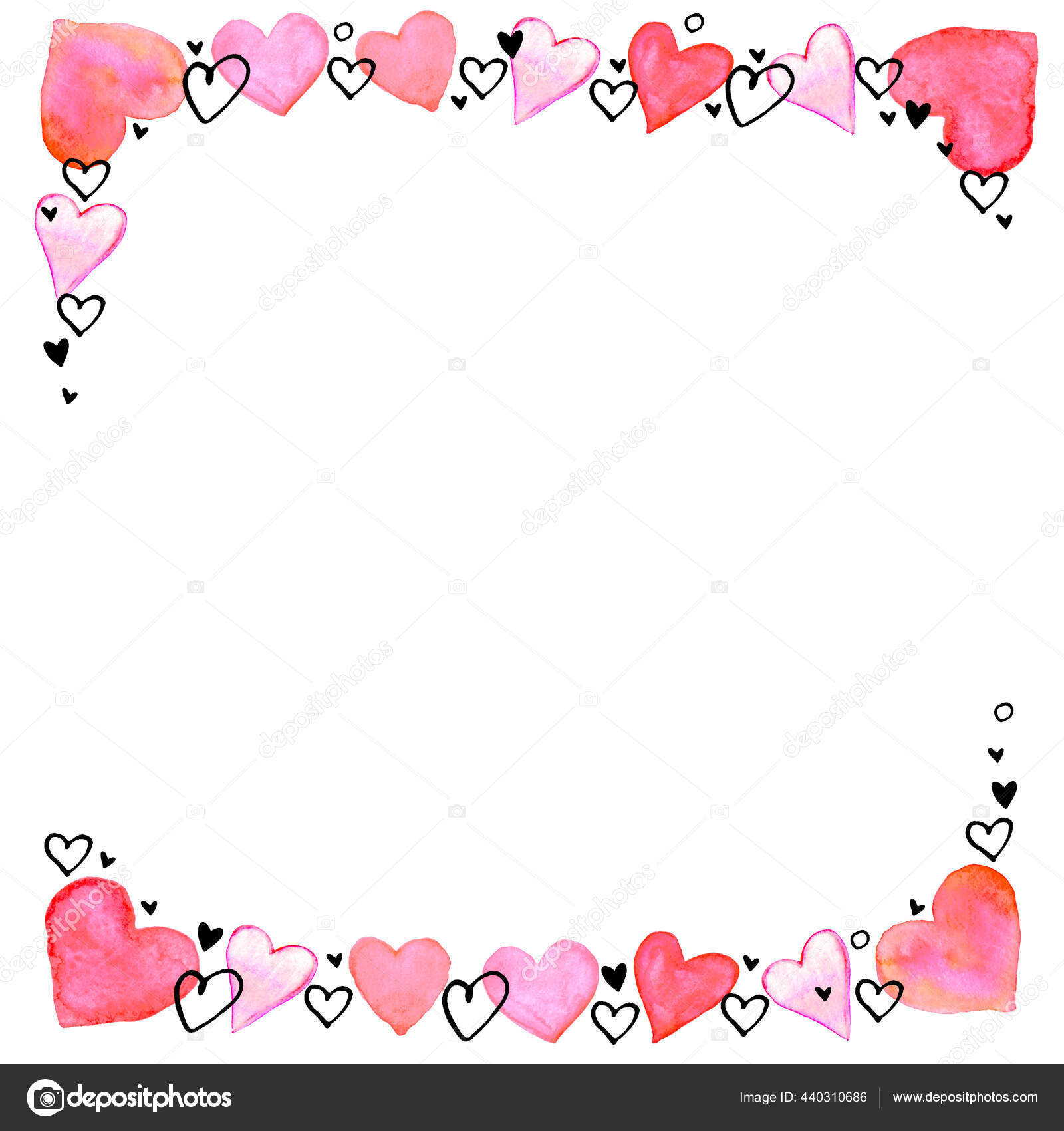 Hand Drawn Square Frame Border Watercolor Hearts Romance Symbol Love ...