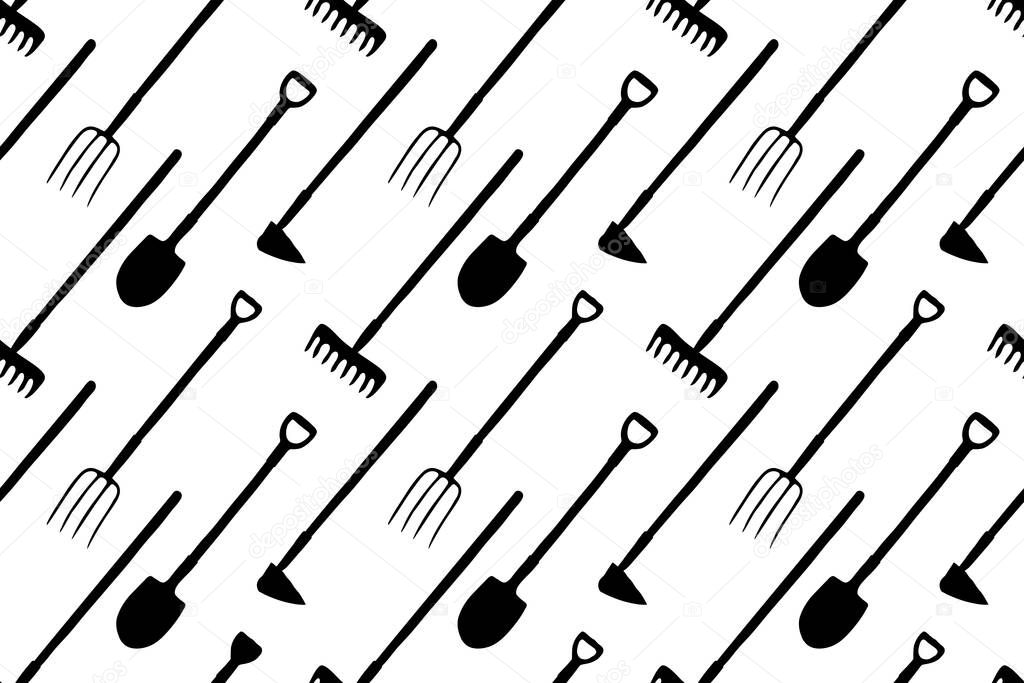 Patrón sin costura con equipos de jardín: palas, espadas, rastrillos ...