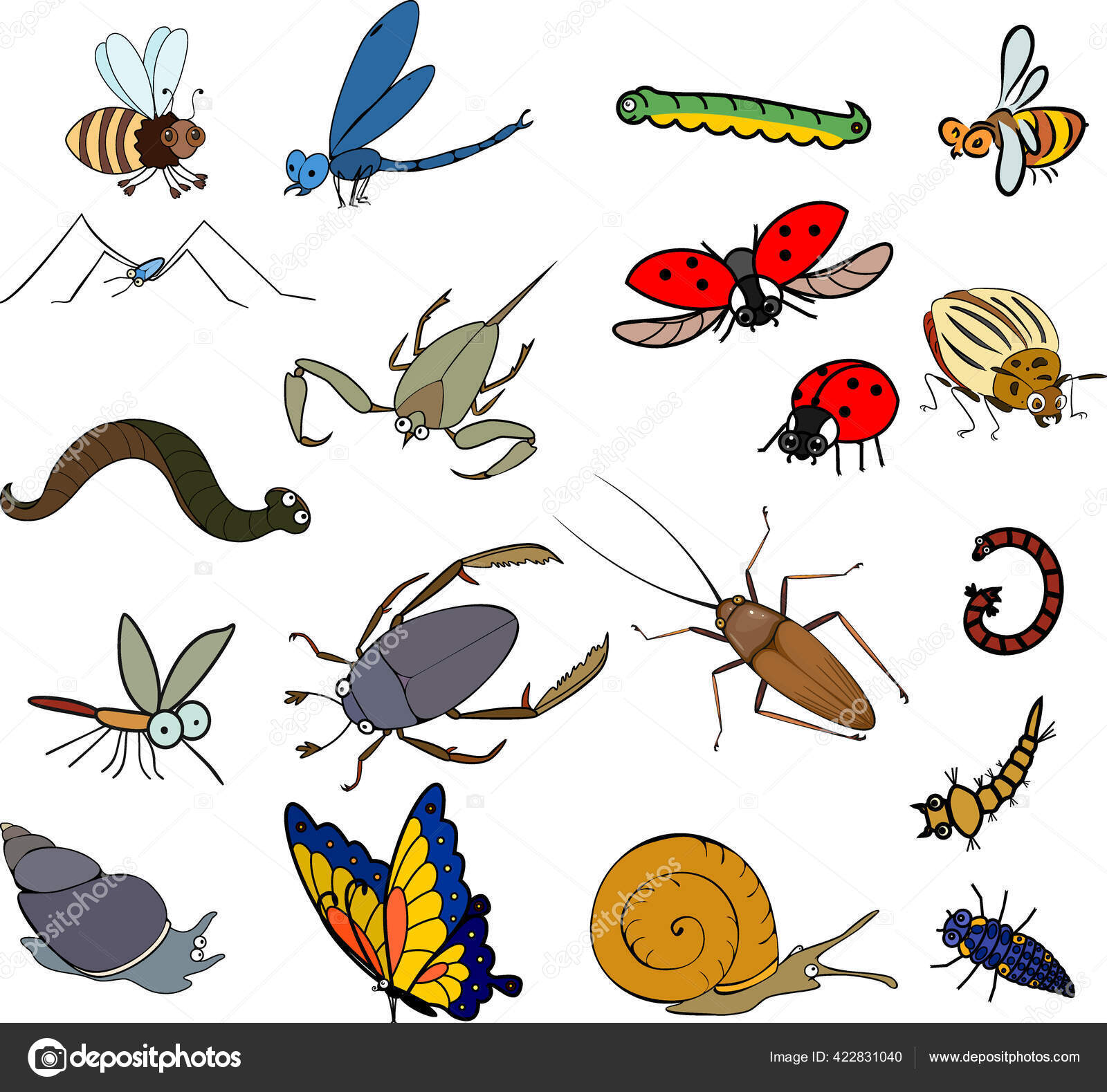 Conjunto Animales Dibujos Animados Invertebrados Insectos Gusanos ...