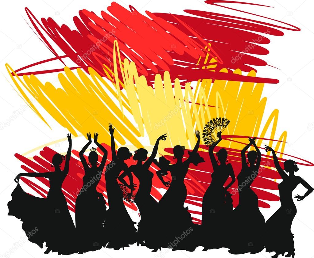 Silhouette flamenco dancer over Spanish Flag Background Stock Vector by ...