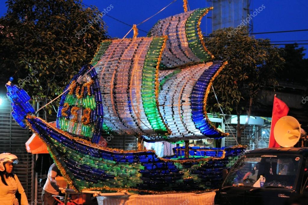 Ship made from recycled bottles, Yogyakarta city festival parade ...