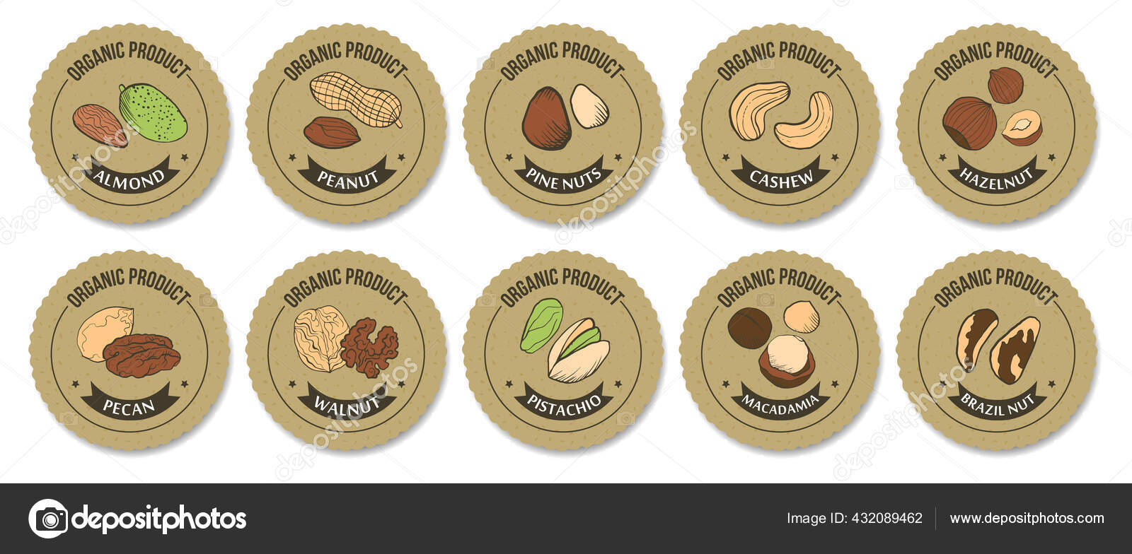 Packaging Label Nuts Vector Set Stickers Craft Paper Sketch Colored ...