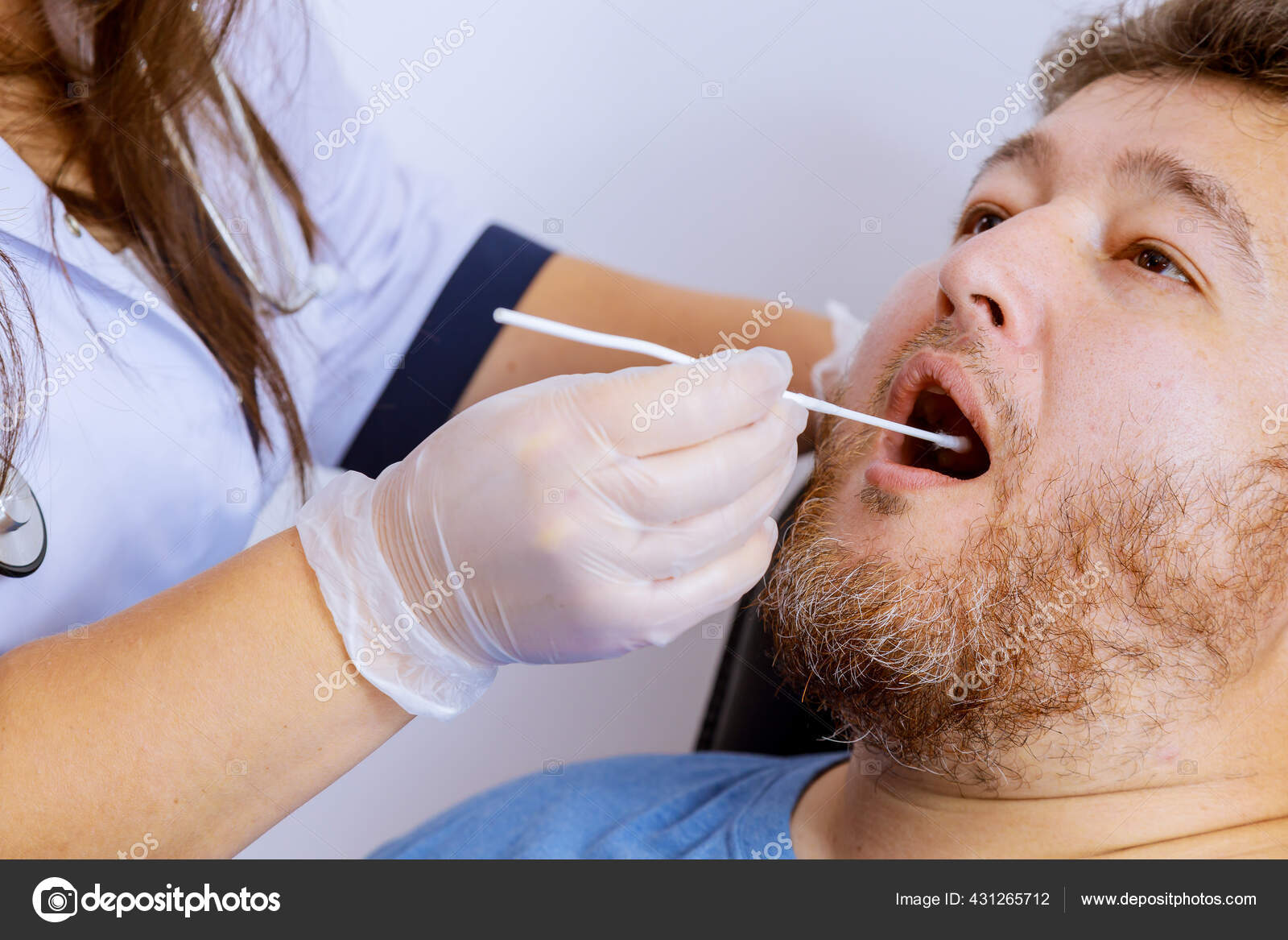 Medical Worker Protective Gloves Check Man Mouth Swab Plr Test — Stock ...