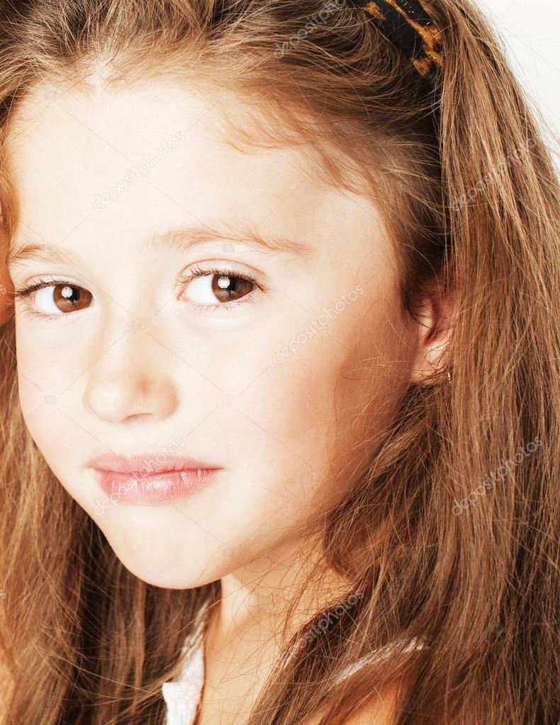 Little cute spring girl in fancy dress isolated on white background ...