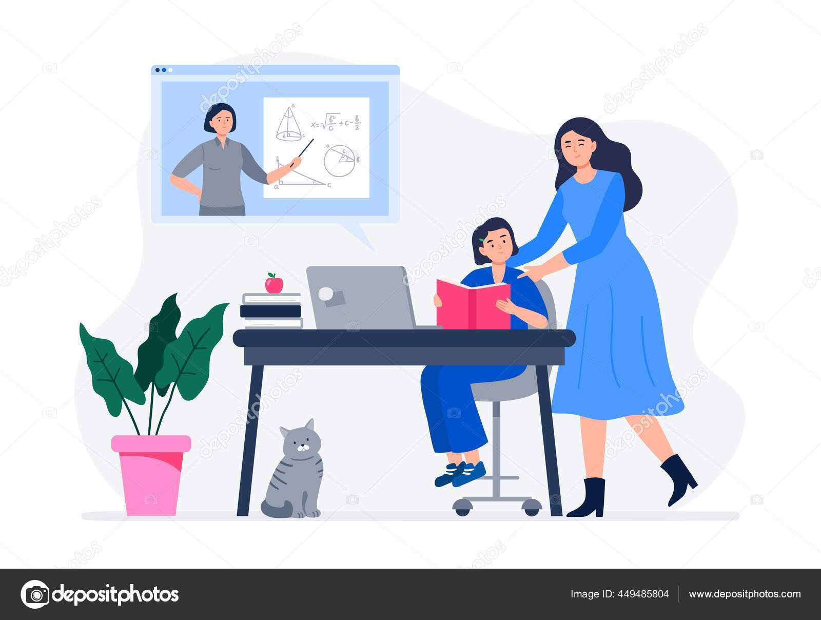Parent And Child Doing Homework Cartoon