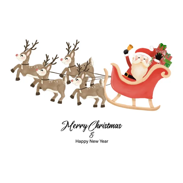Calligraphic Merry Christmas Lettering Santa Claus Sleigh Reindeers Red Background Stock Vector ...