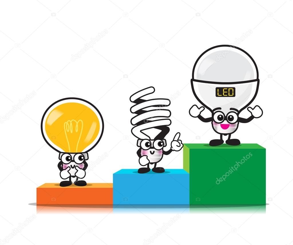 Cartoon bulb enegy saving fluorescent tungsten halogen and LED — Stock ...