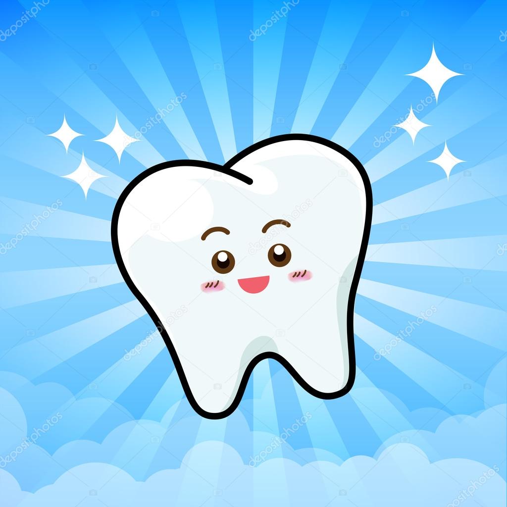 Happy Dental Smile Tooth Mascot Cartoon Character On Sunburt Blu