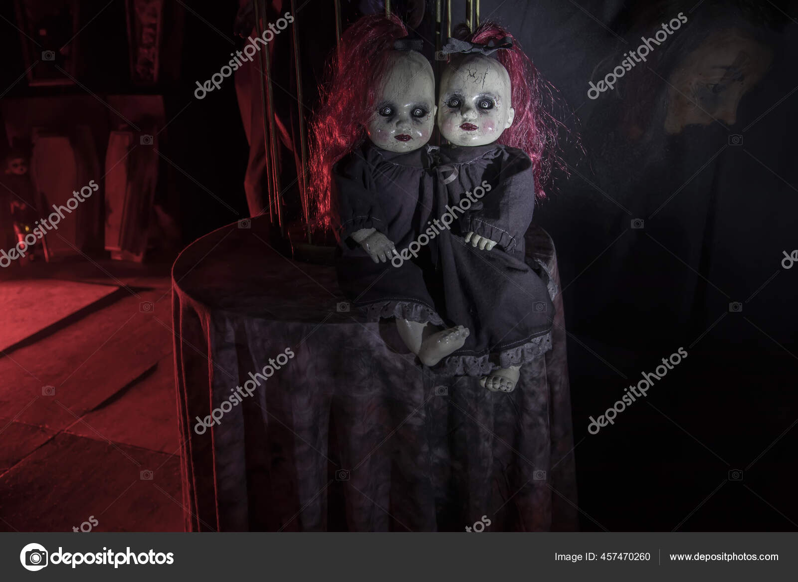 Two Scary Dolls Sitting Tree Stump Scary Dark Background Red Stock ...