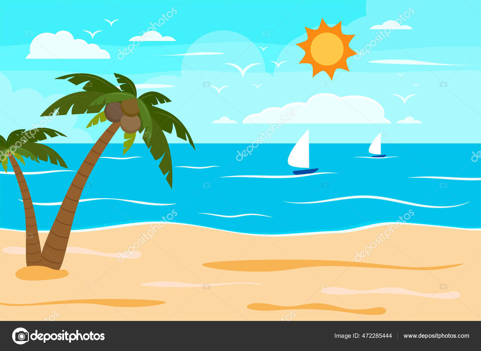 Playa Verano Dibujos Animados Vacaciones Naturales Junto Mar Playa Tropical Vector de stock por ...