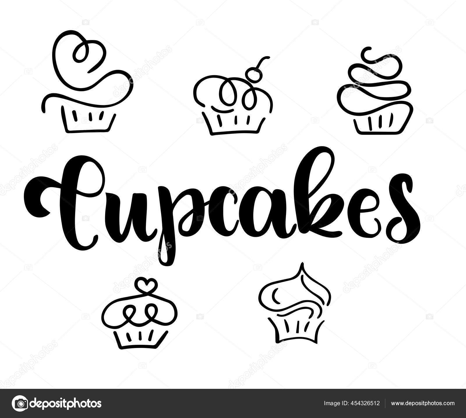 Cartoon Cupcakes Cursive Lettering Isolated White Background Stock ...