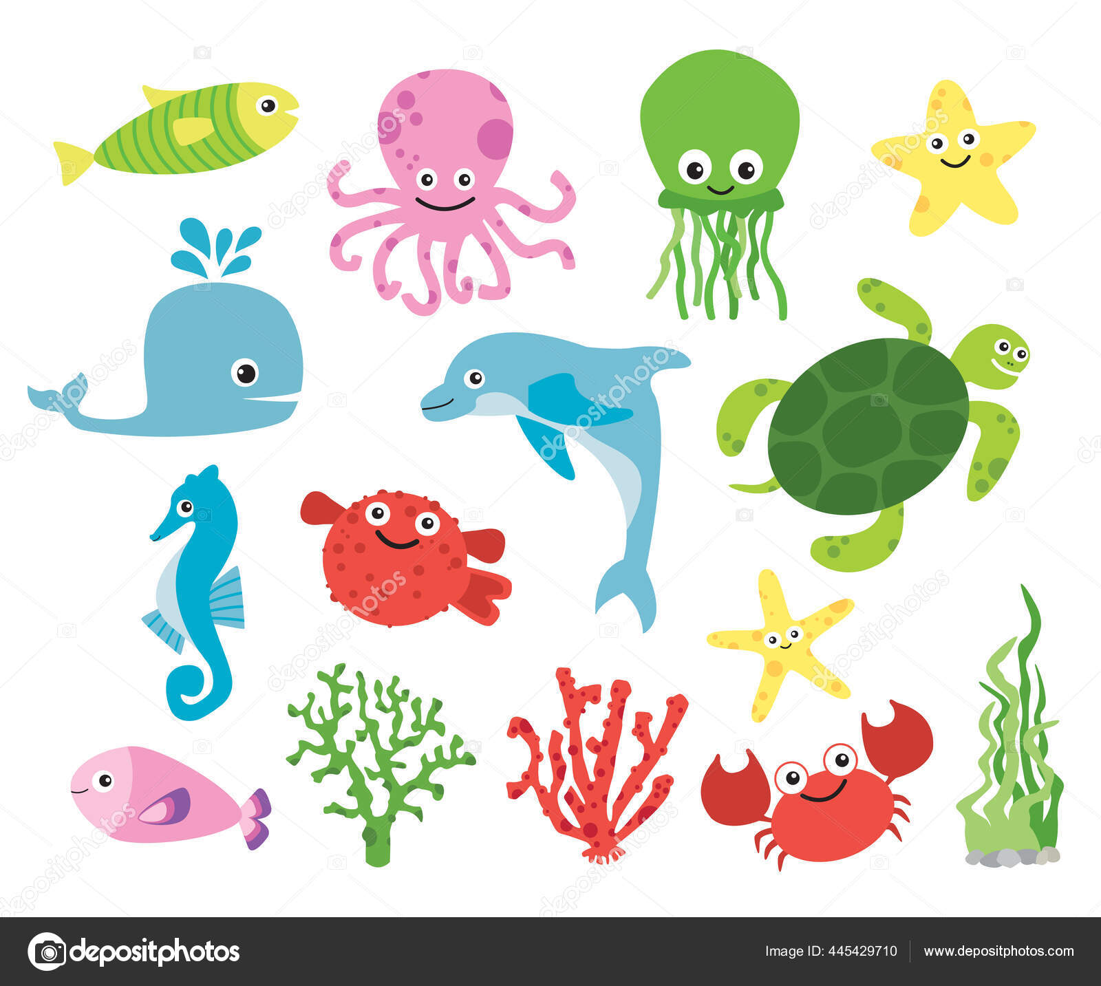 Cute Cartoon Sea Set Vector Illustration Stock Vector Image by ...