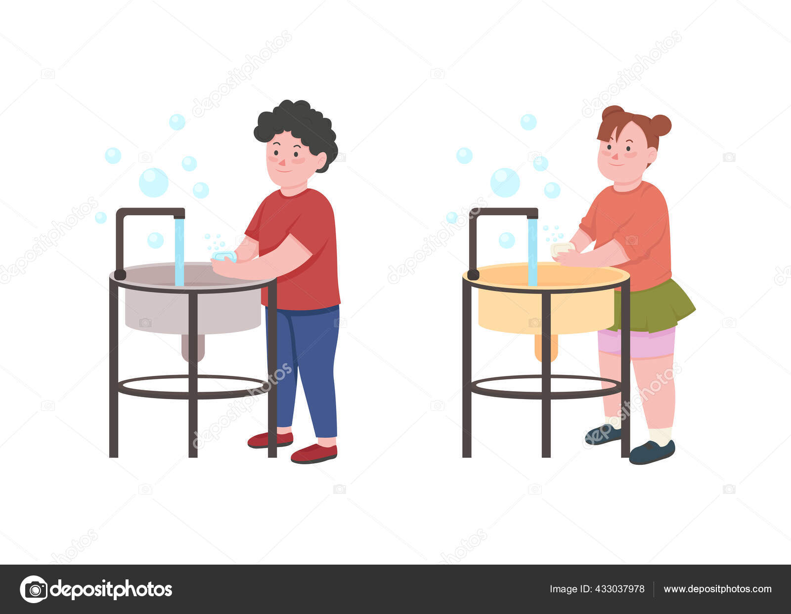 Kids wash hands with soap flat color vector faceless character set ...