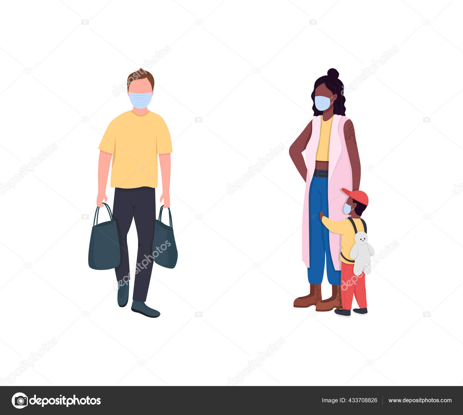 African and caucasian people in masks flat color vector faceless ...
