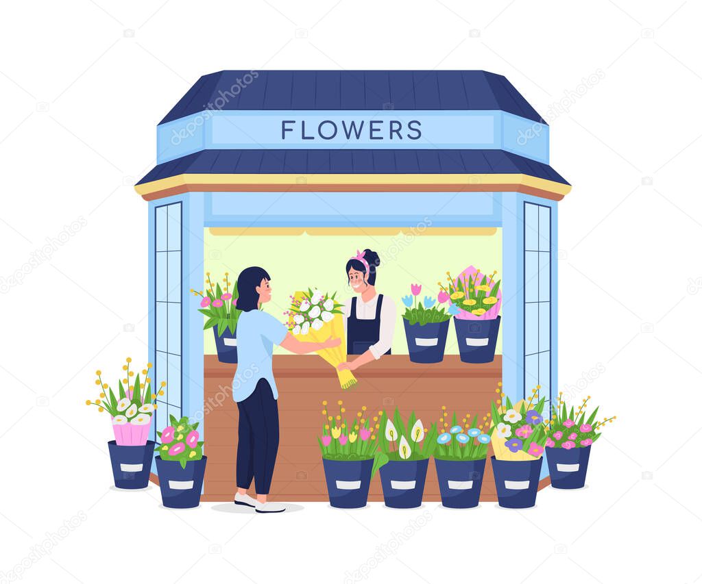 Floristería venta de flores al cliente plana vector de color personaje ...