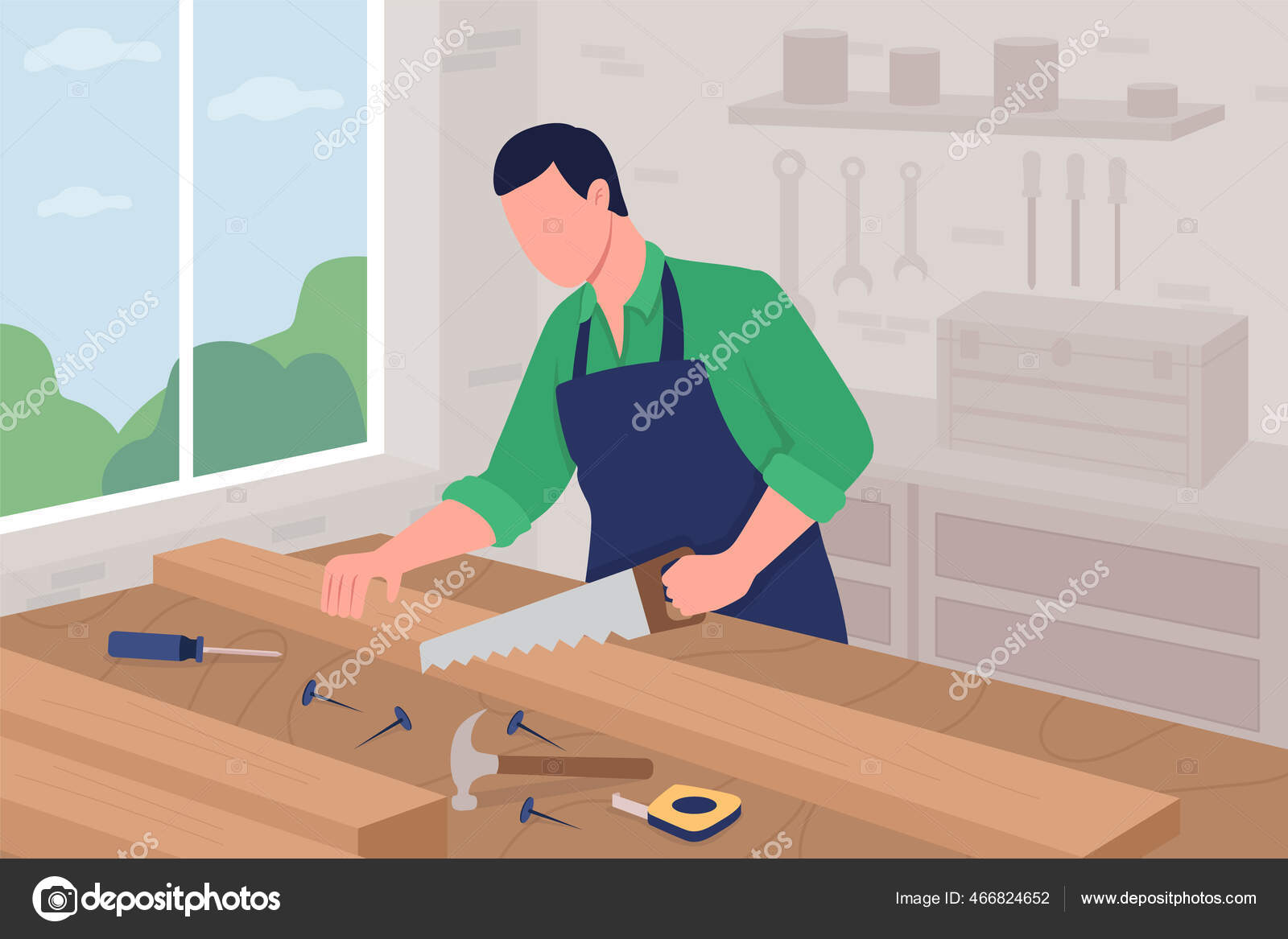 Carpenter Work Flat Color Vector Illustration Professional Woodworking ...
