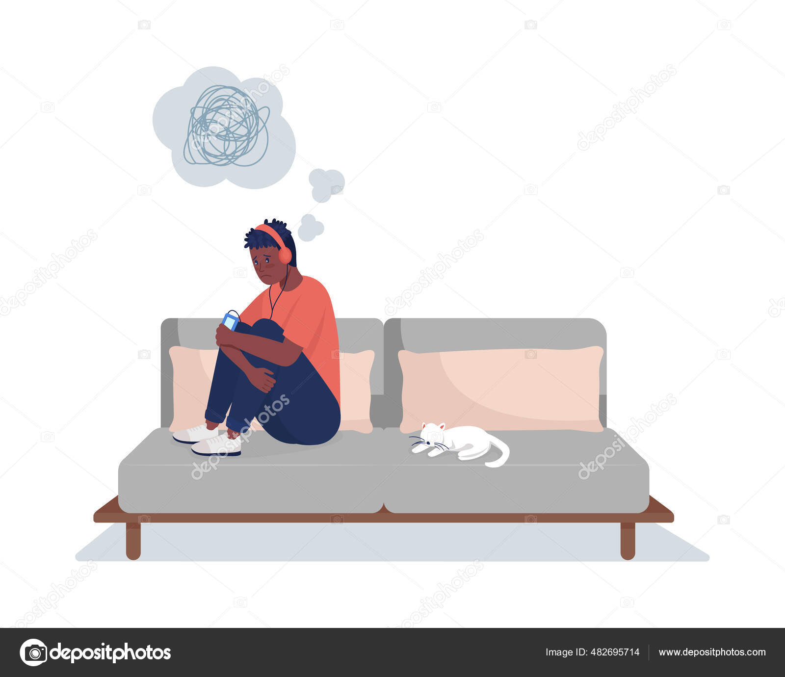 Sad Boy Headphones Couch Semi Flat Color Vector Character Sitting Stock ...
