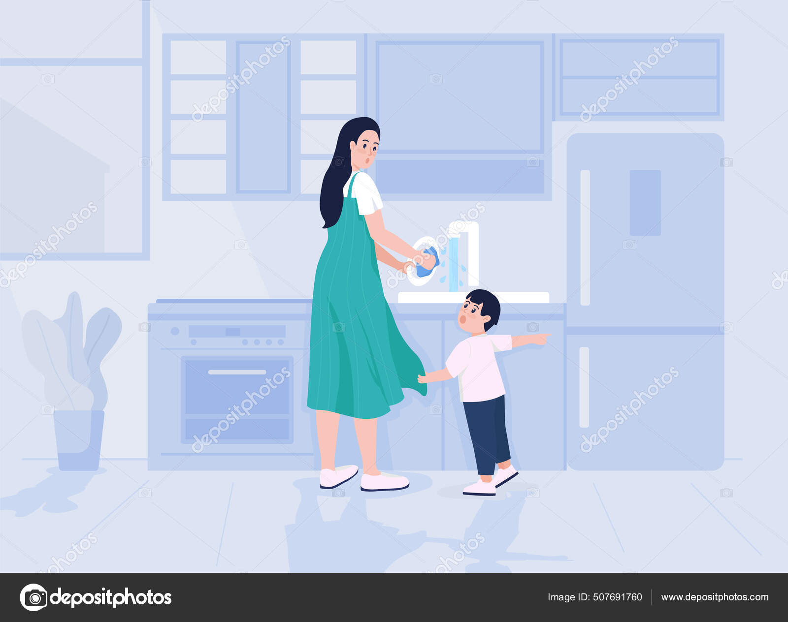 Child Distracts Mother Flat Color Vector Illustration Mom Busy Doing ...