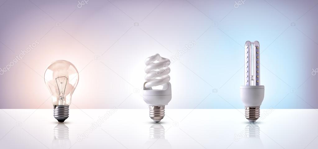 Comparison between various types of light bulb on white backgrou Stock ...