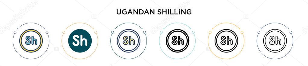 Icono de chelín ugandés en línea llena, delgada, contorno y estilo de ...