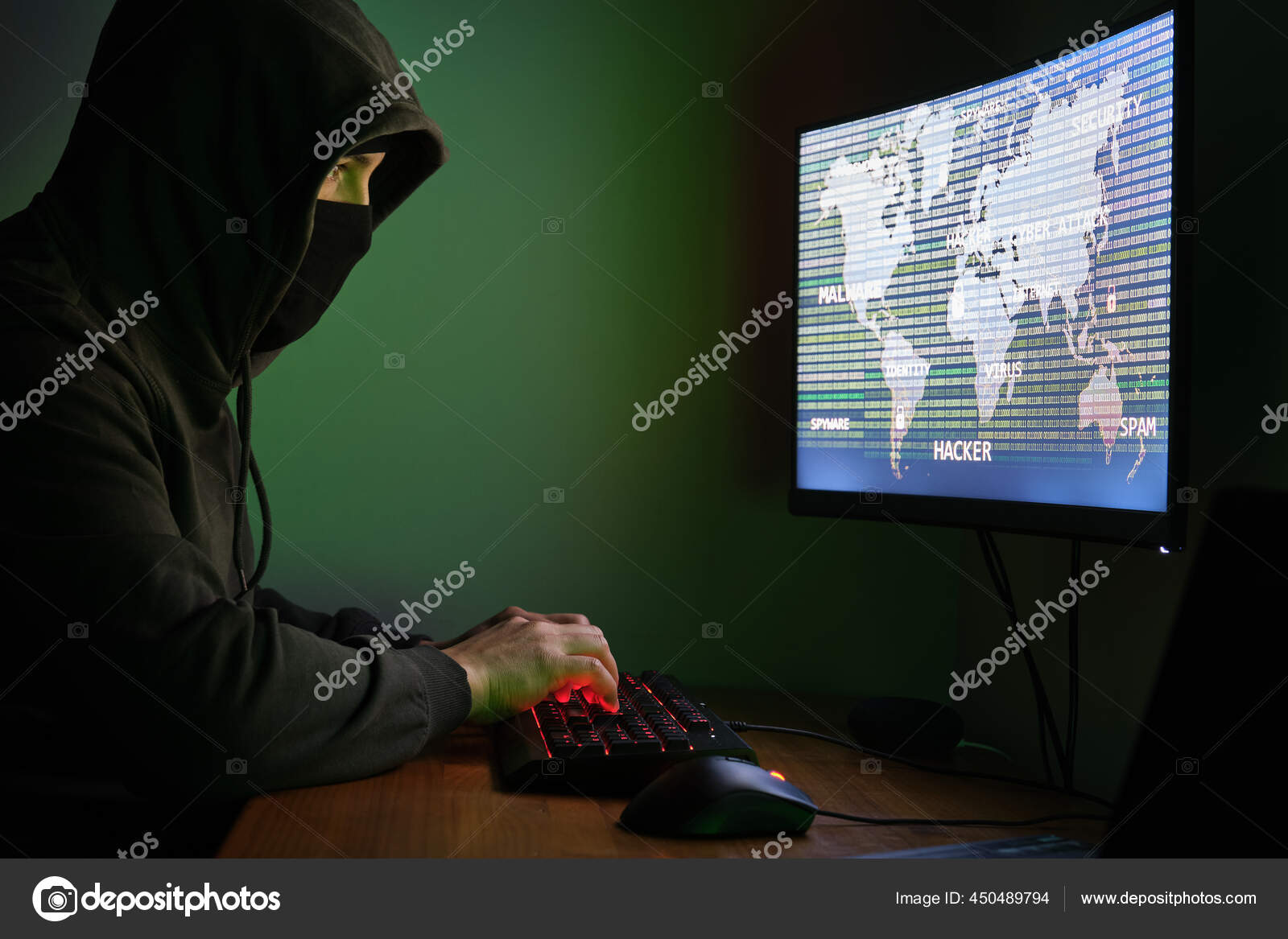 Masked Hacker Typing Computer Organizing Massive Data Breach Attack World Stock Photo by ...