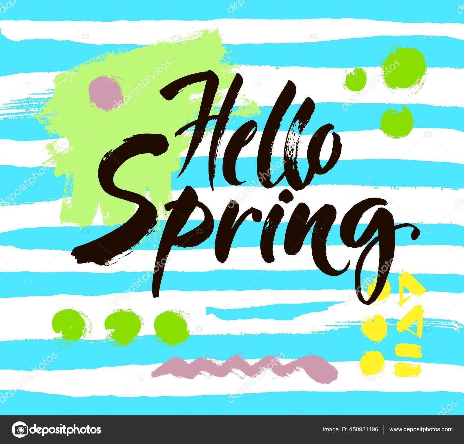 Phrase Hello Spring Brush Lettering Isolated Striped Background ...