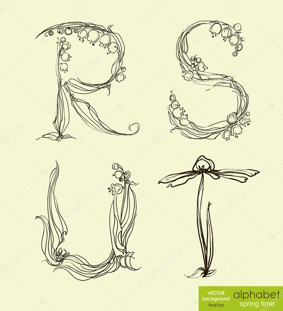 Spring floral stylized hand drawing alphabet. Vector illustration ...