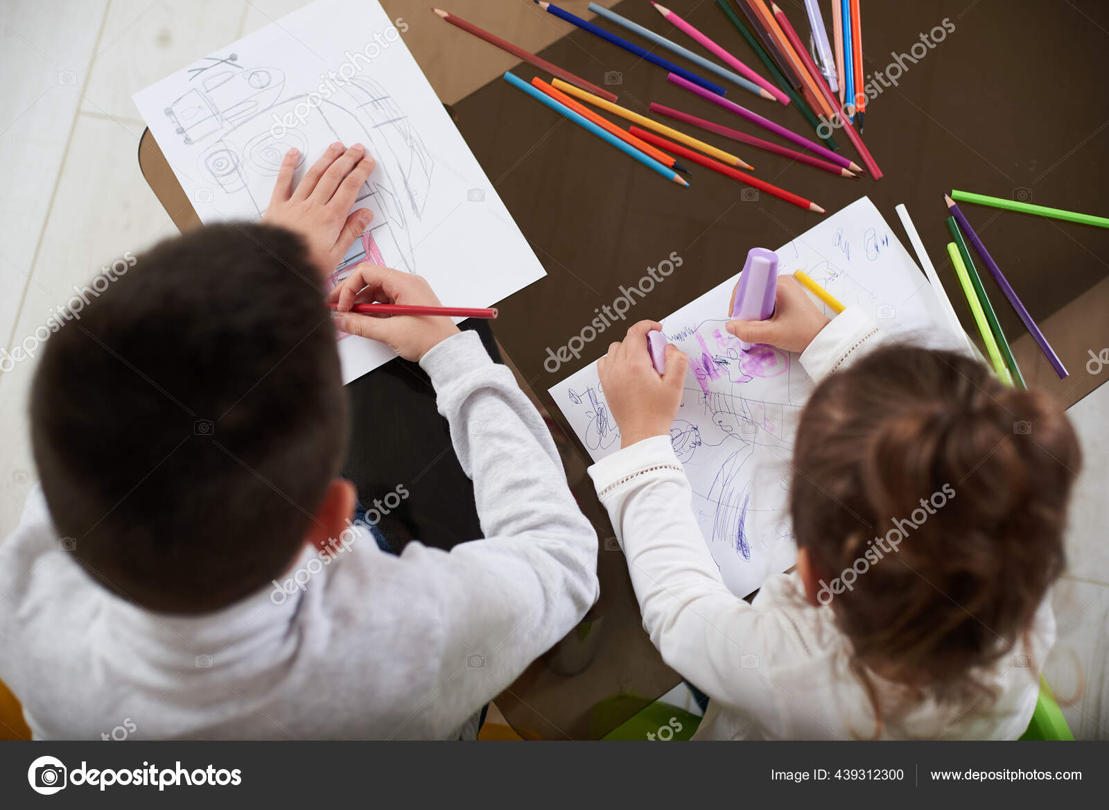 Top View Two Cute Children Drawing Color Pencils Home — Stock Photo ...