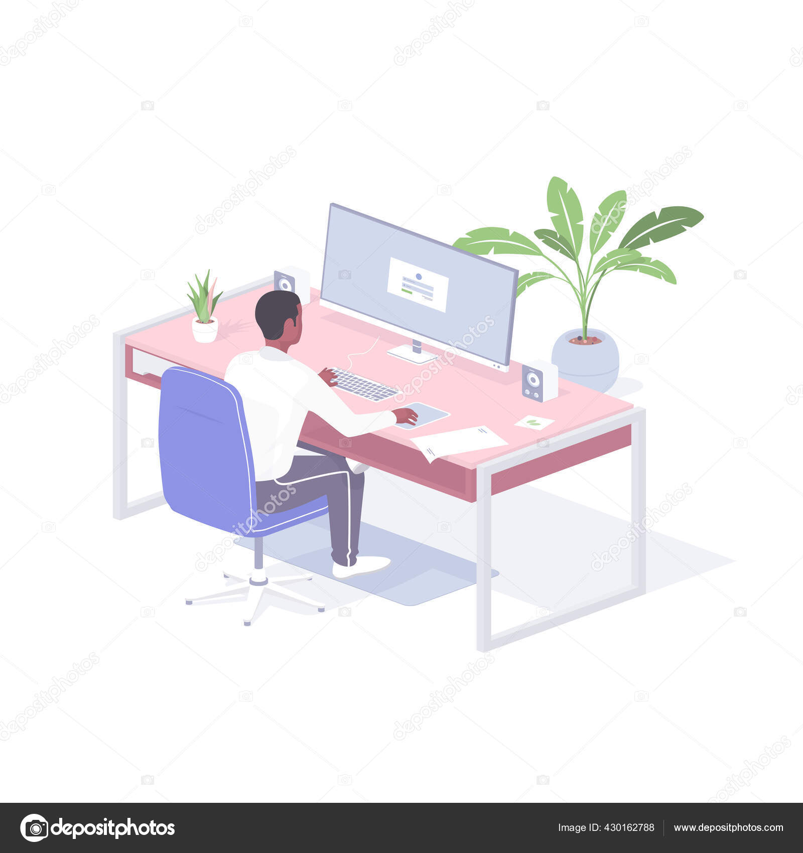 Man works at home online realistic isometry. Male freelancer character ...