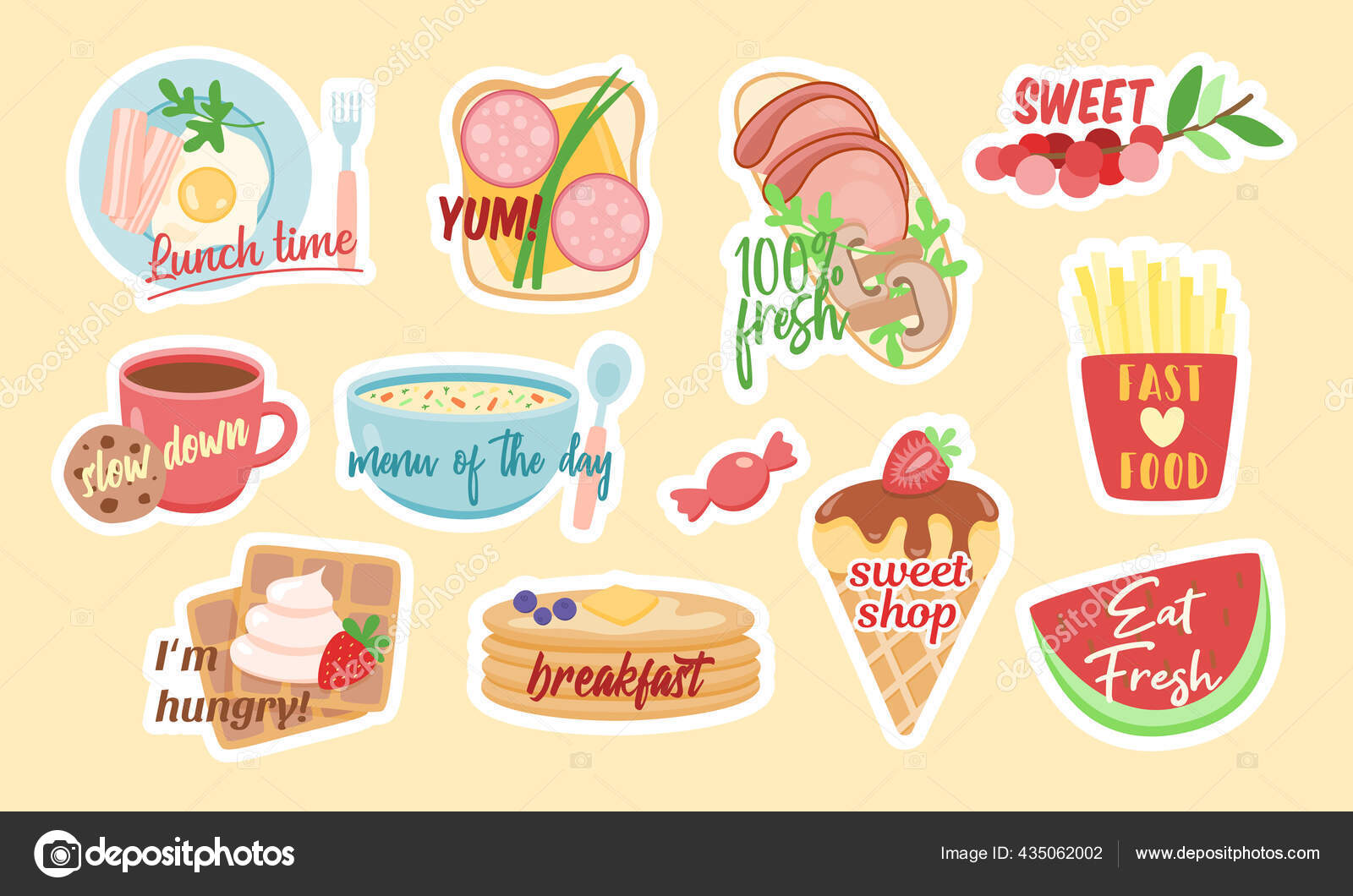 Set of stickers with various delicious food Stock Illustration by ...