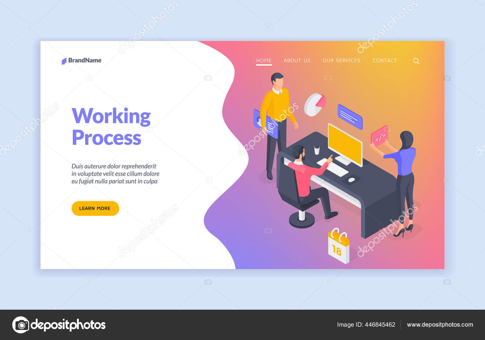 Working process in modern office. Isometric vector illustration. Banner ...