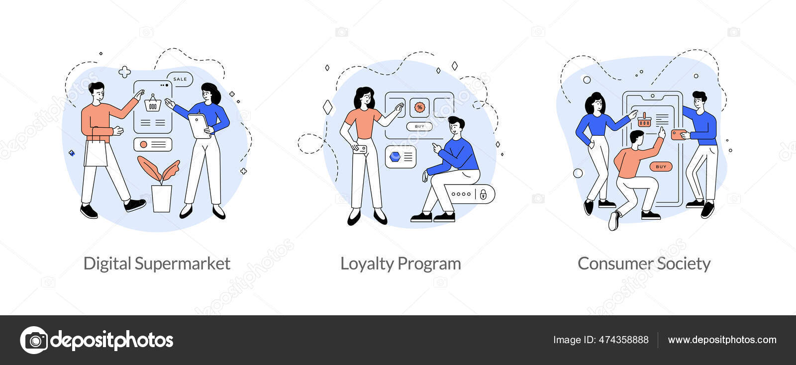 Digital supermarket, loyalty program, consumer society. Linear flat ...