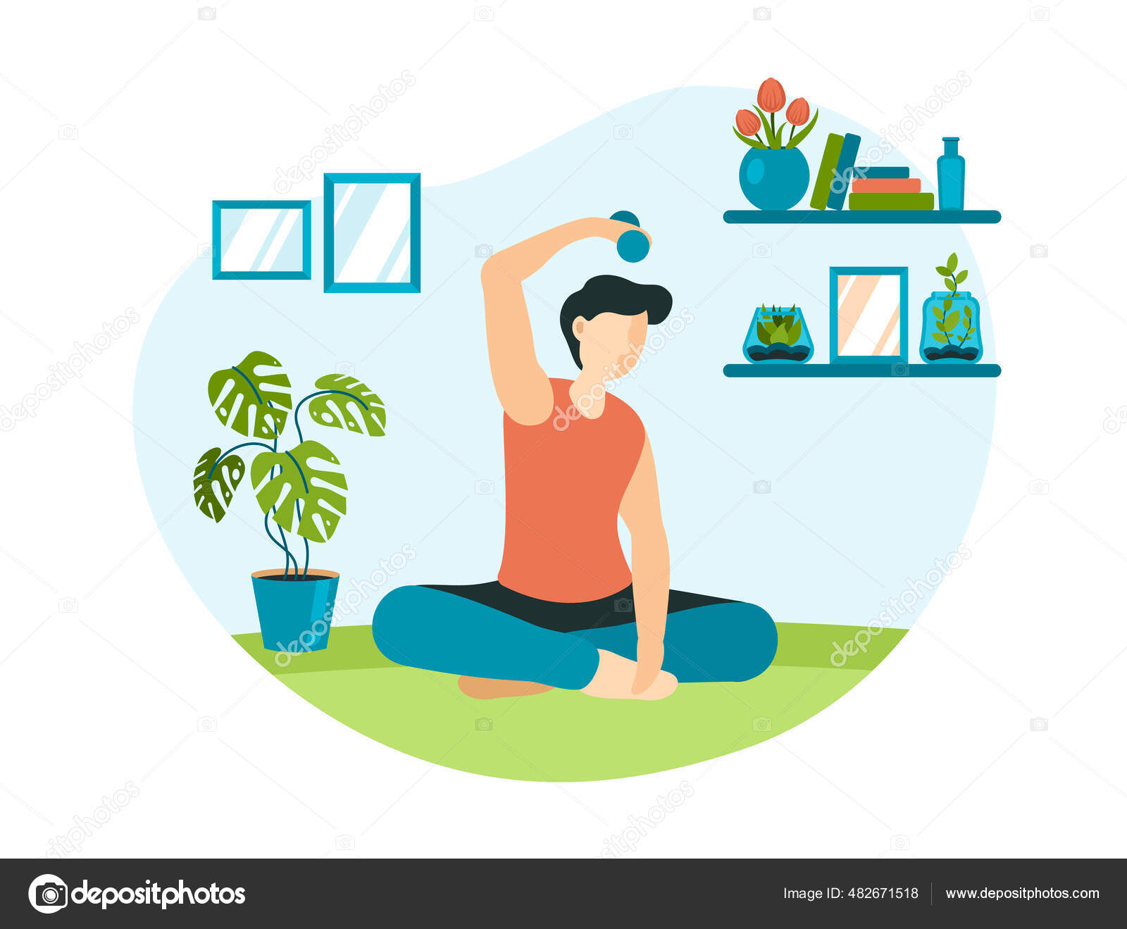 방에서 운동하기. 무단종이 늘어선 연꽃 모양의 모습 스톡 벡터 - ©vectorstudi 482671518