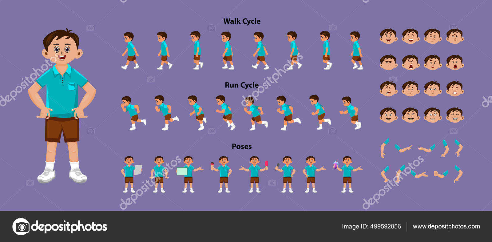 Chico Personaje Modelo Hoja Con Ciclo Paseo Ejecutar Ciclo Animación ...