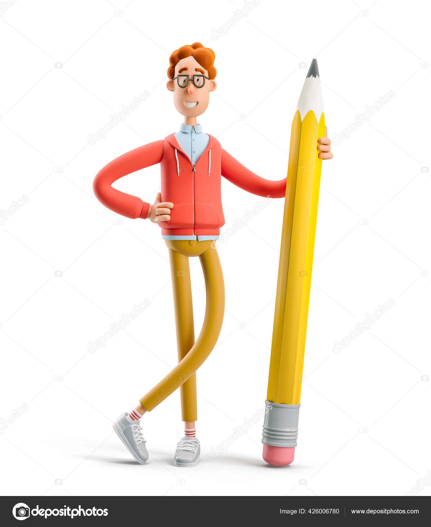 3d illustration. Nerd Larry holding big pencil. Concept of creativity ...