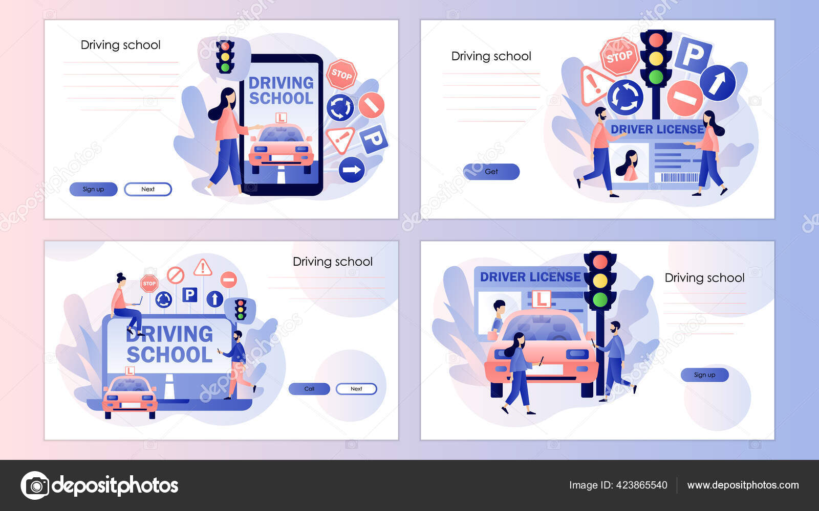 Driver license. Tiny people studying in driving school. Traffic rules ...