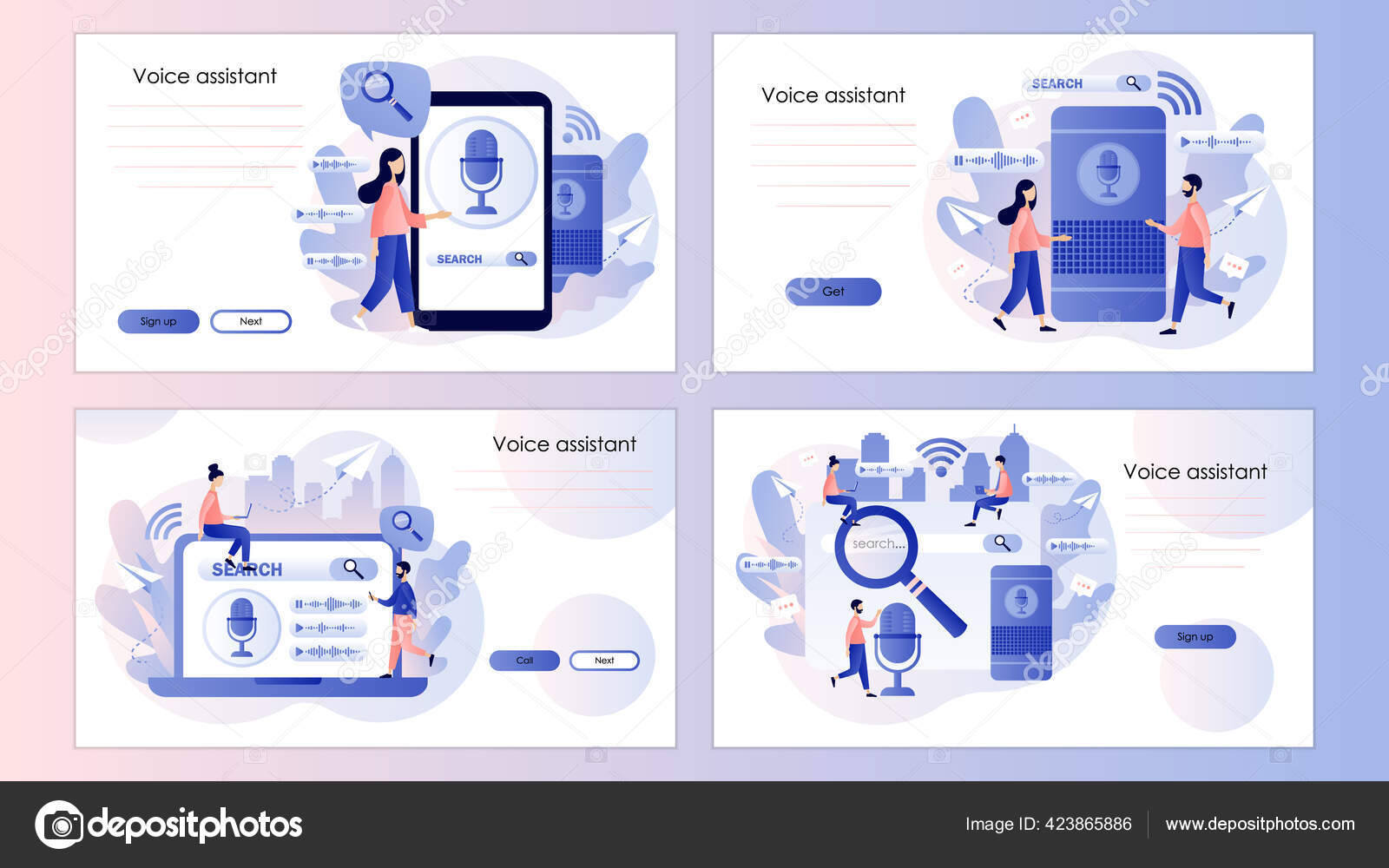 Voice assistant, search concept. Tiny people user with voice controlled ...