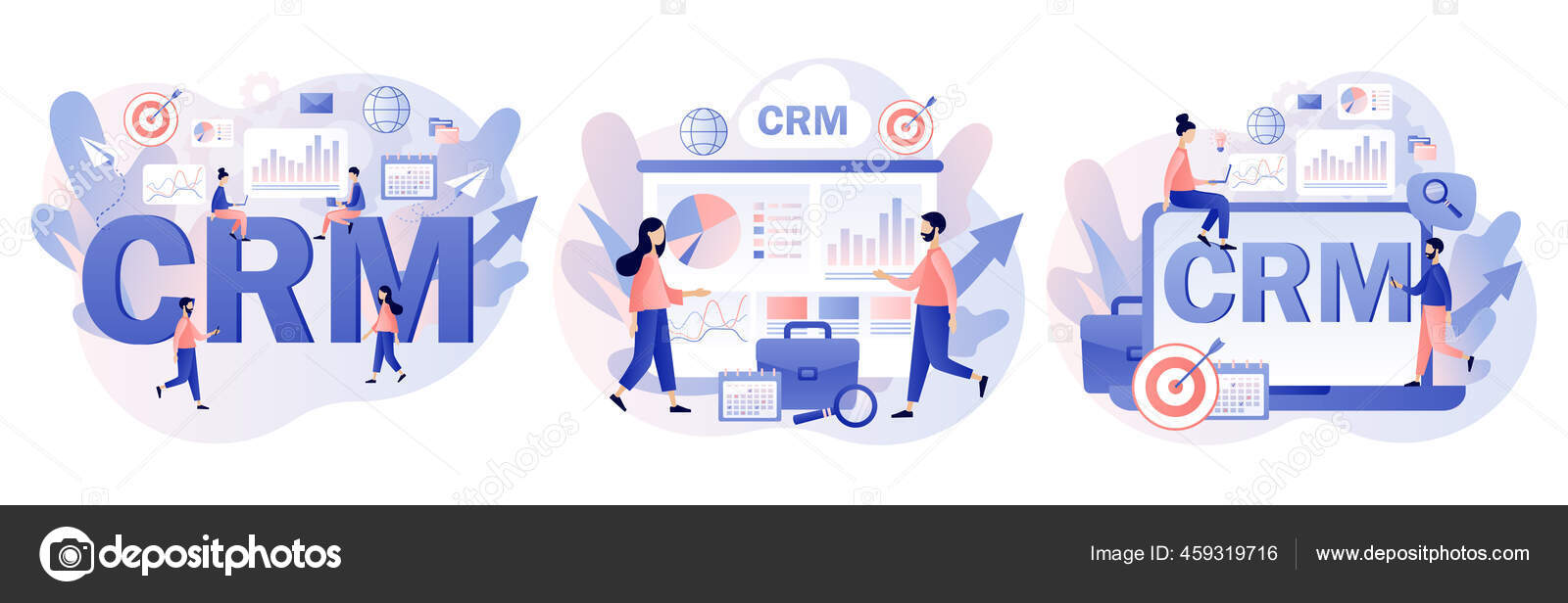 CRM solution. Customer relationship management concept. Business strategy. Tiny businessman ...