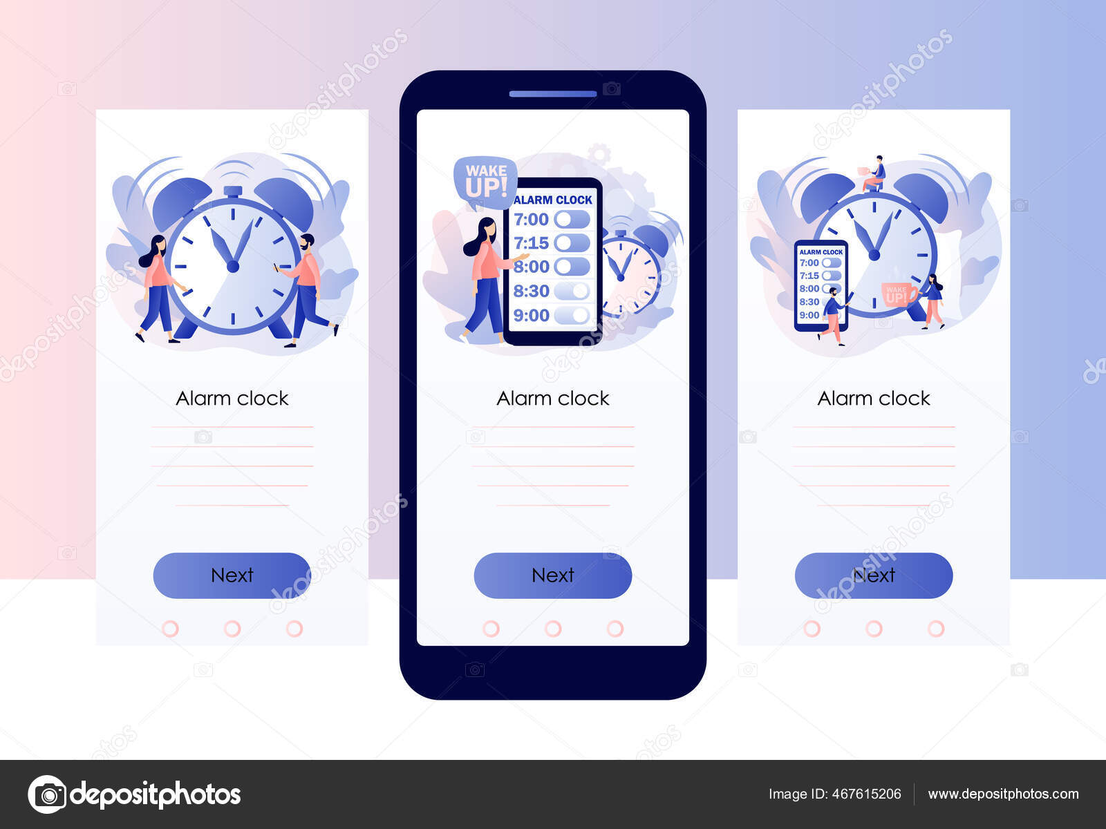 Alarm clock rings. Wake up. Good morning concept. Tiny people wake up ...