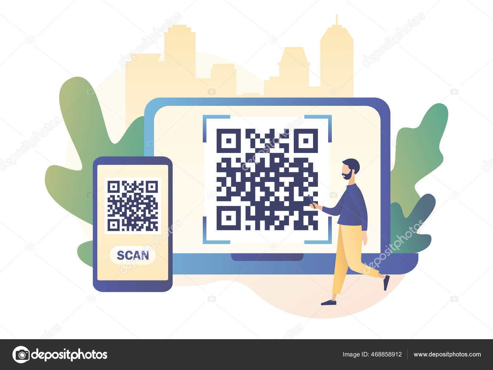 QR Code scanning concept. Tiny male scan code using smartphone and laptop. Modern flat cartoon ...